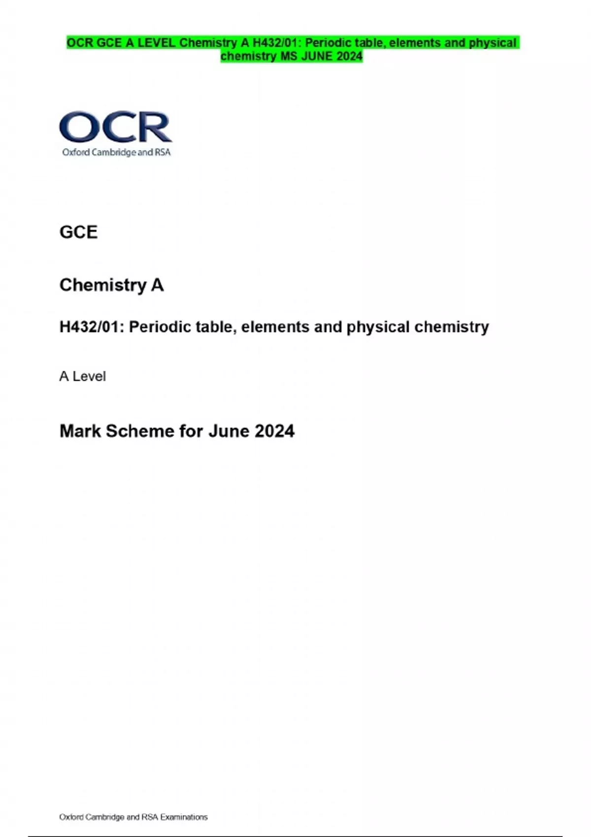 Oxford Cambridge and RSA Examinations OCR GCE A LEVEL Chemistry A H432 ...