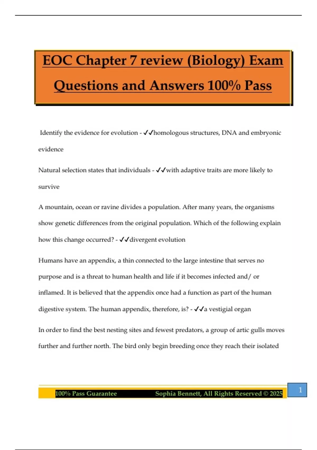 EOC Chapter 7 review (Biology) Exam Questions and Answers 100% Pass ...