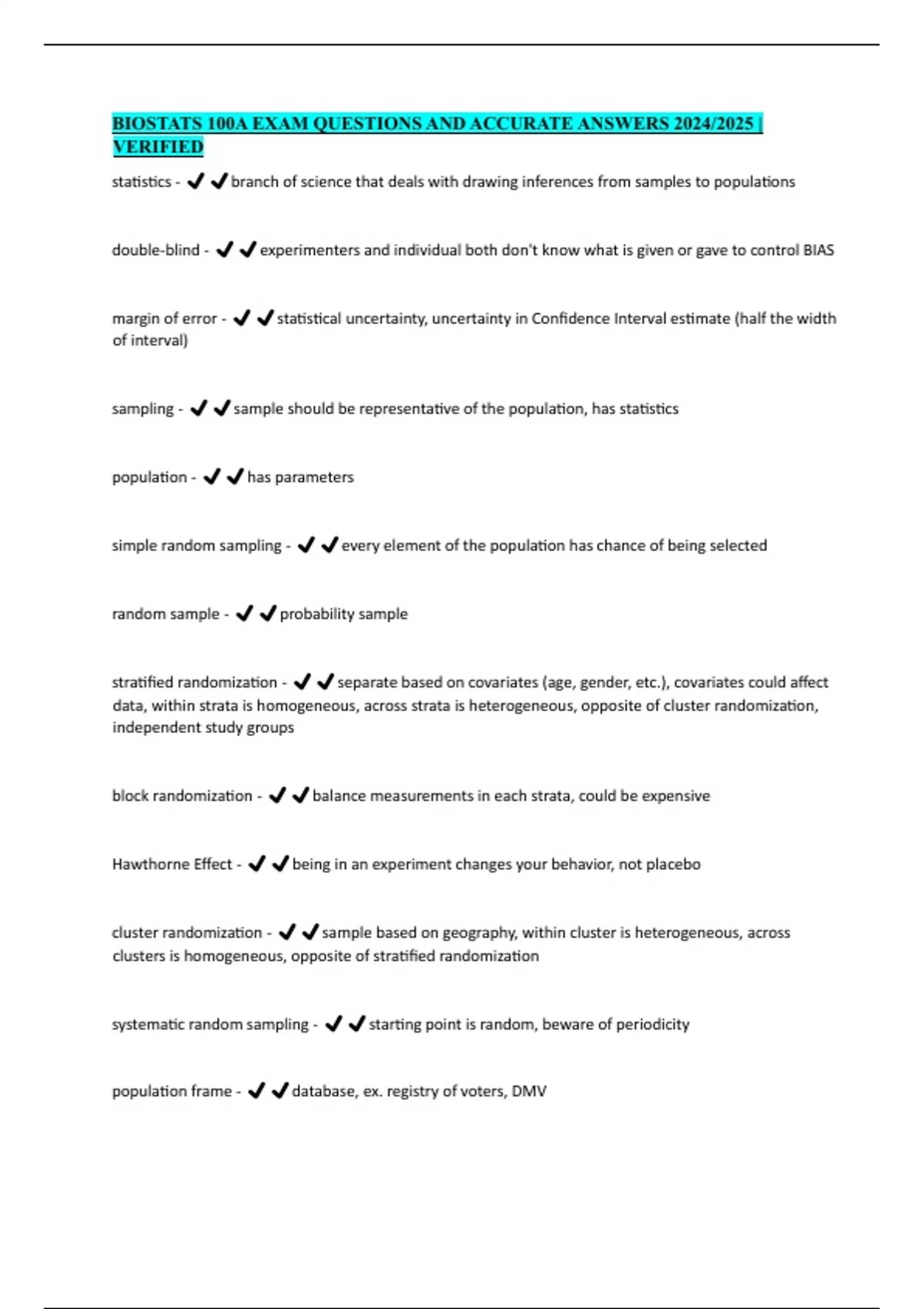 BIOSTATS 100A EXAM QUESTIONS AND ACCURATE ANSWERS 2024/2025 | VERIFIED - BIOSTATS - Stuvia US