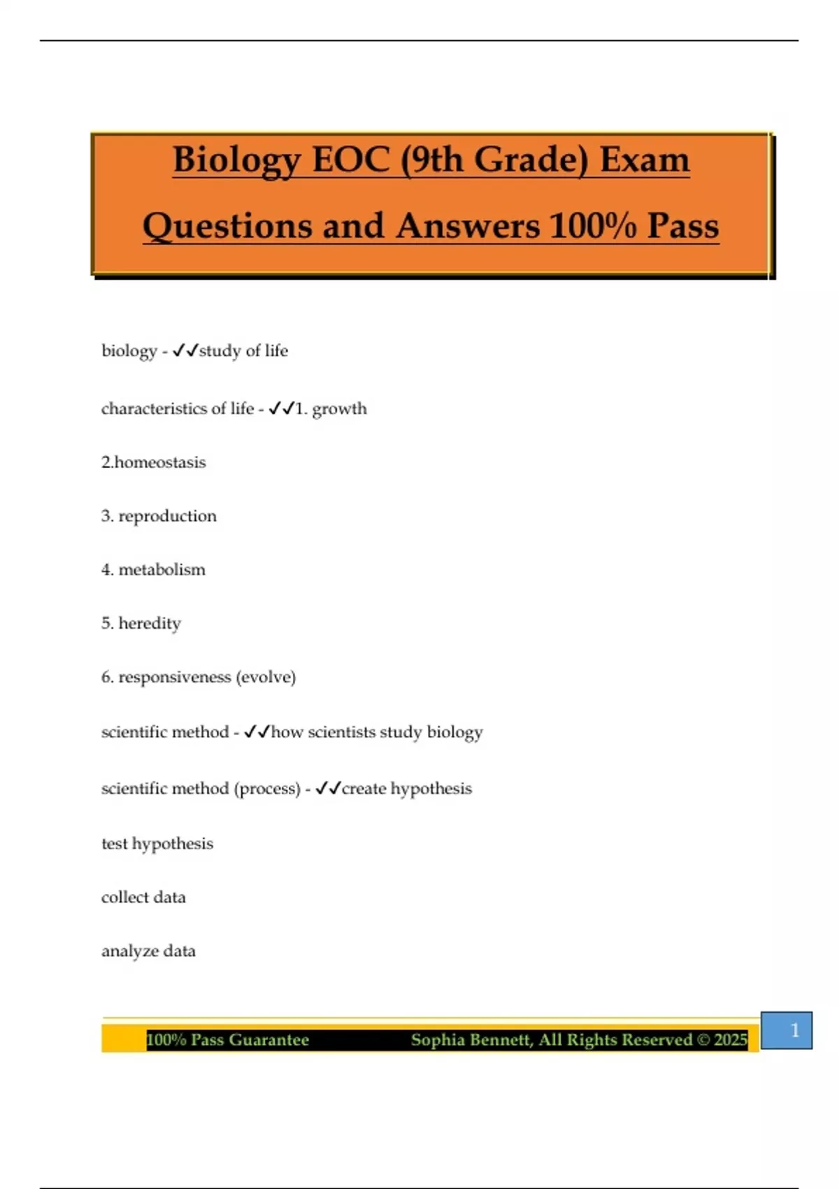 Biology EOC (9th Grade) Exam Questions and Answers 100% Pass - Biology ...