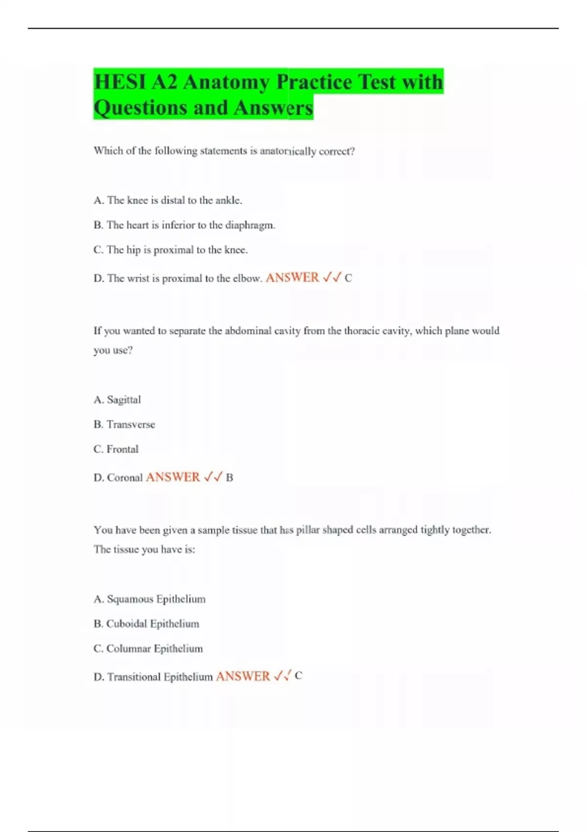 HESI A2 Anatomy Practice Test with Questions and Answers - Hesi A2 V2 ...