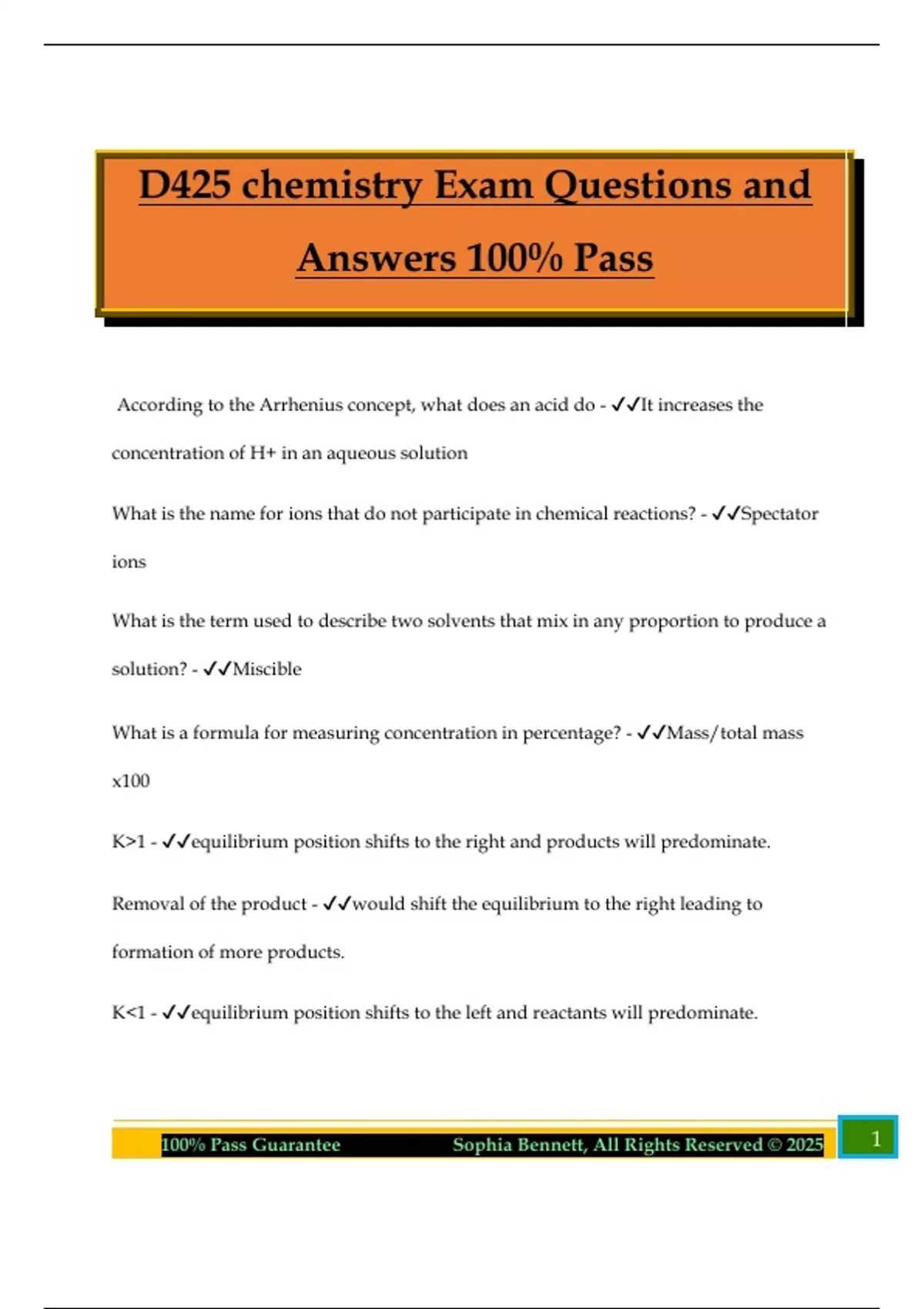 D425 chemistry Exam Questions and Answers 100% Pass - Chemistry D425 ...