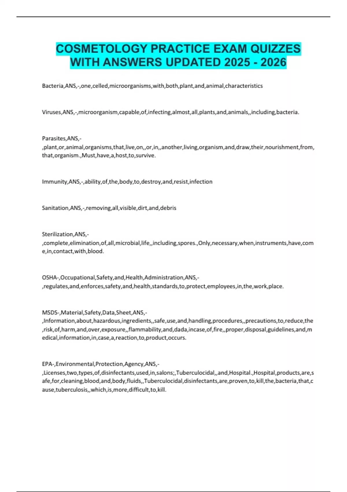 COSMETOLOGY PRACTICE EXAM QUIZZES WITH ANSWERS UPDATED - Cosmetology ...