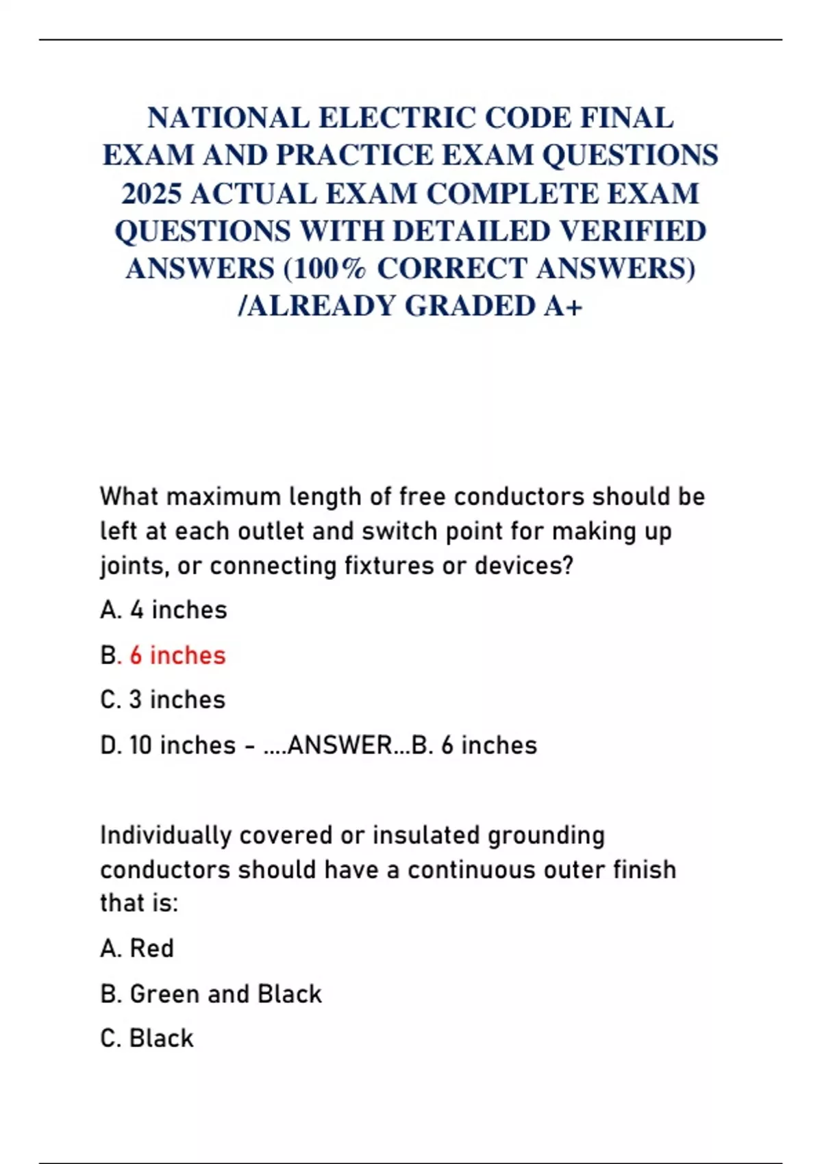 NATIONAL ELECTRIC CODE FINAL EXAM AND PRACTICE EXAM QUESTIONS 2025 ...