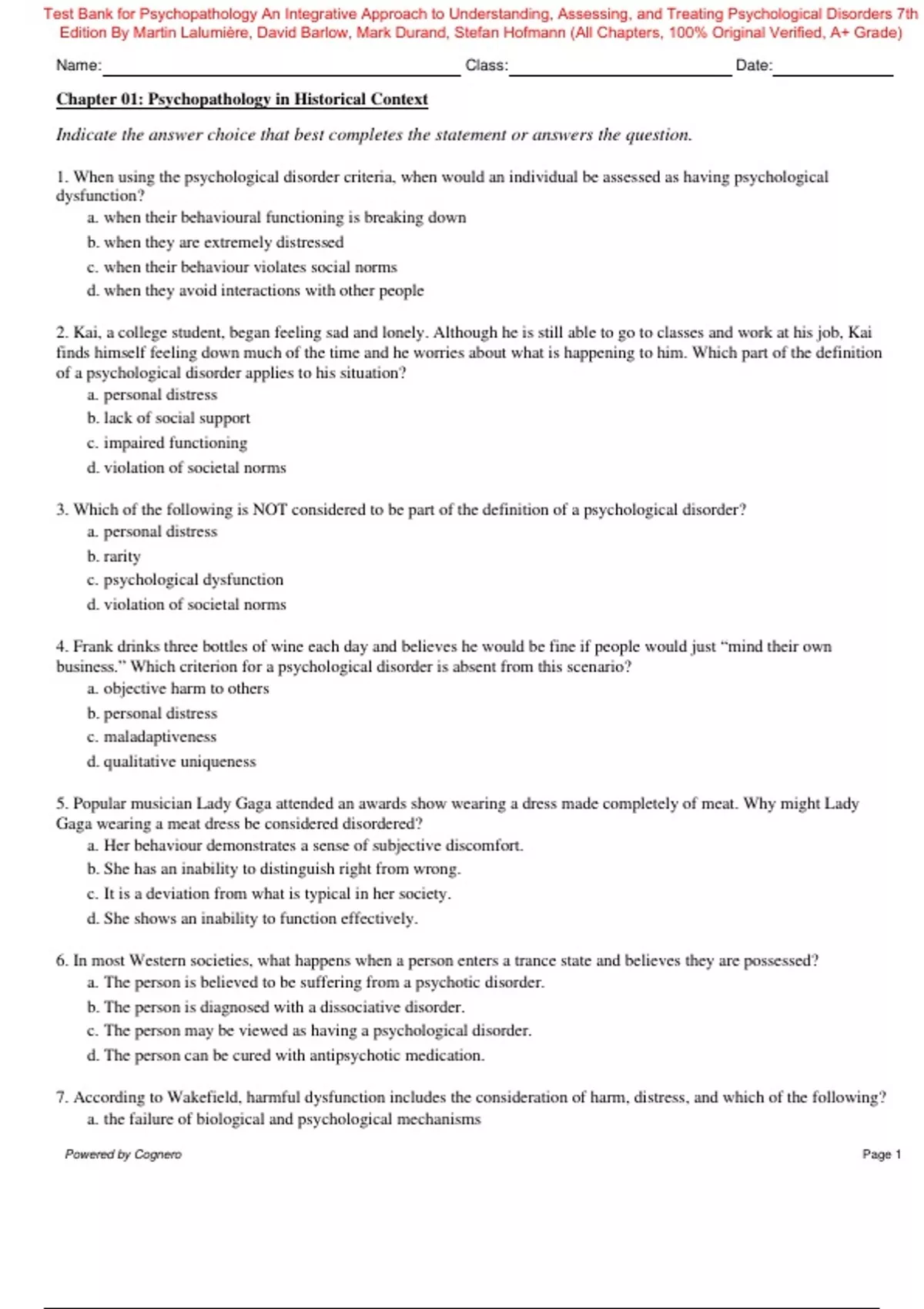 Test Bank for Psychopathology An Integrative Approach to Understanding ...