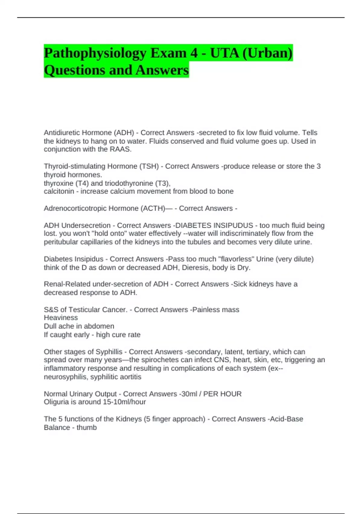 Pathophysiology Exam 4 - UTA (Urban) Questions and Answers - UTA ...