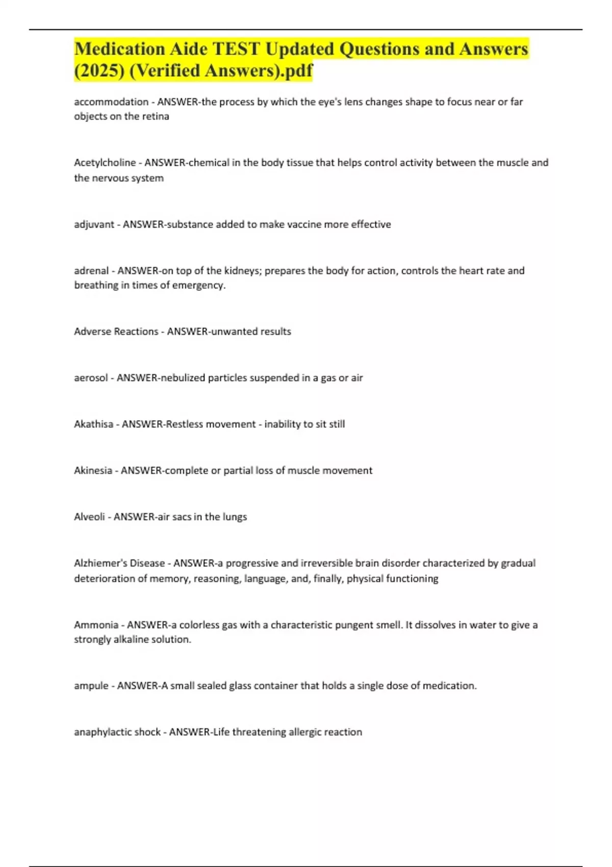 Medication Aide TEST Updated Questions and Answers (2025) (Verified ...