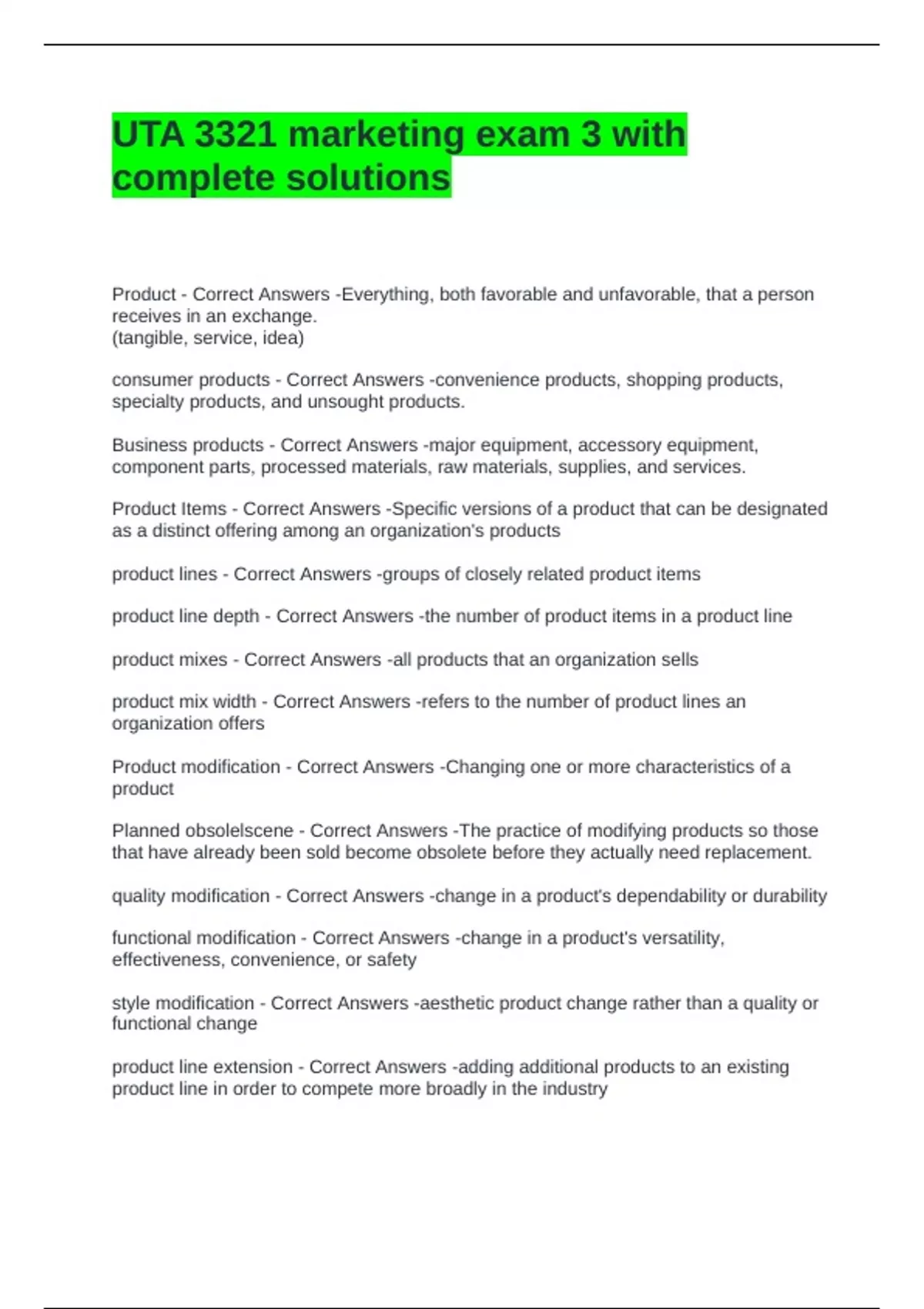 UTA 3321 marketing exam 3 with complete solutions - UTA - Stuvia US