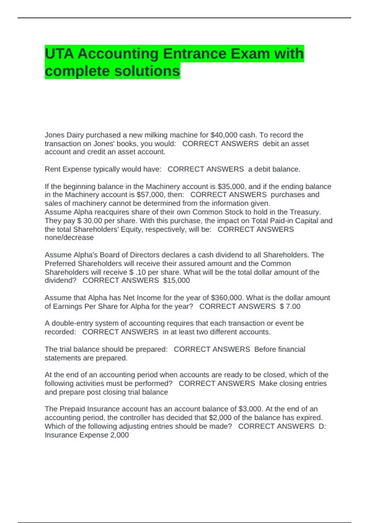 UTA Accounting Entrance Exam with complete solutions - UTA - Stuvia US