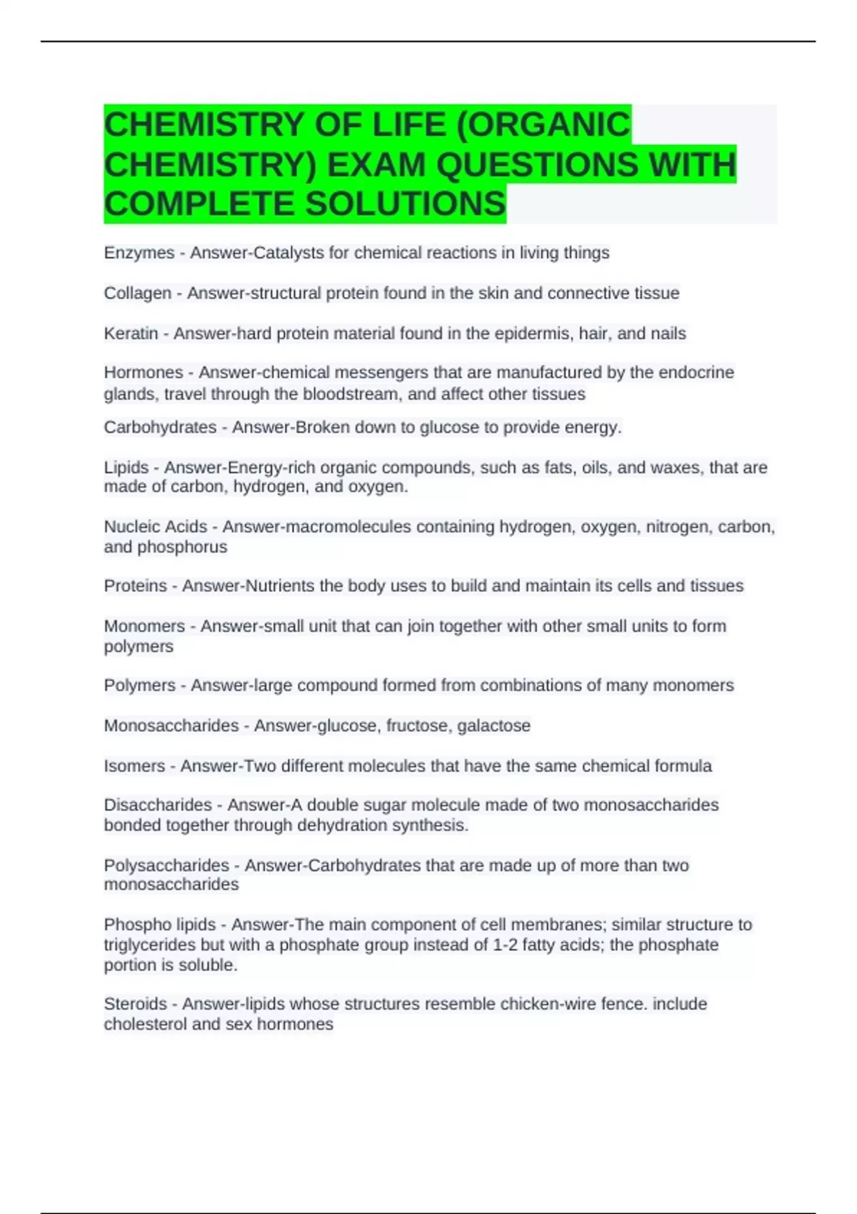 CHEMISTRY OF LIFE (ORGANIC CHEMISTRY) EXAM QUESTIONS WITH COMPLETE ...