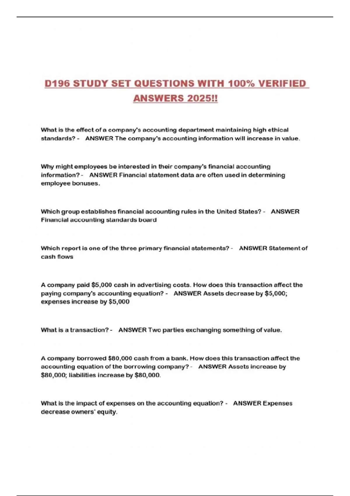 D196 STUDY SET QUESTIONS WITH 100% VERIFIED ANSWERS 2025!! - D196 ...