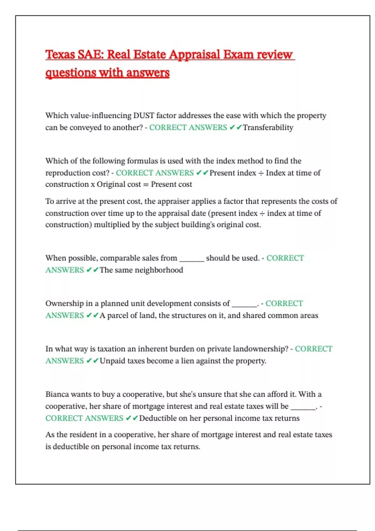 Texas SAE Real Estate Appraisal Exam review questions with answers ...