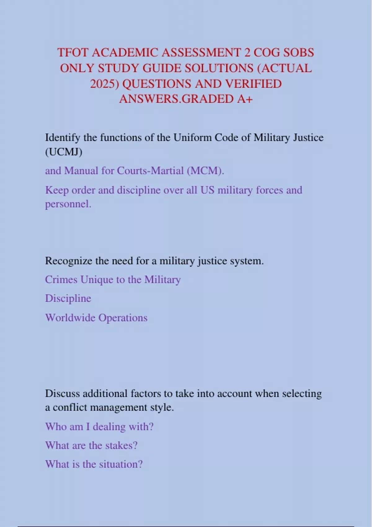 TFOT ACADEMIC ASSESSMENT 2 COG SOBS ONLY STUDY GUIDE SOLUTIONS (ACTUAL 2025) QUESTIONS AND ...