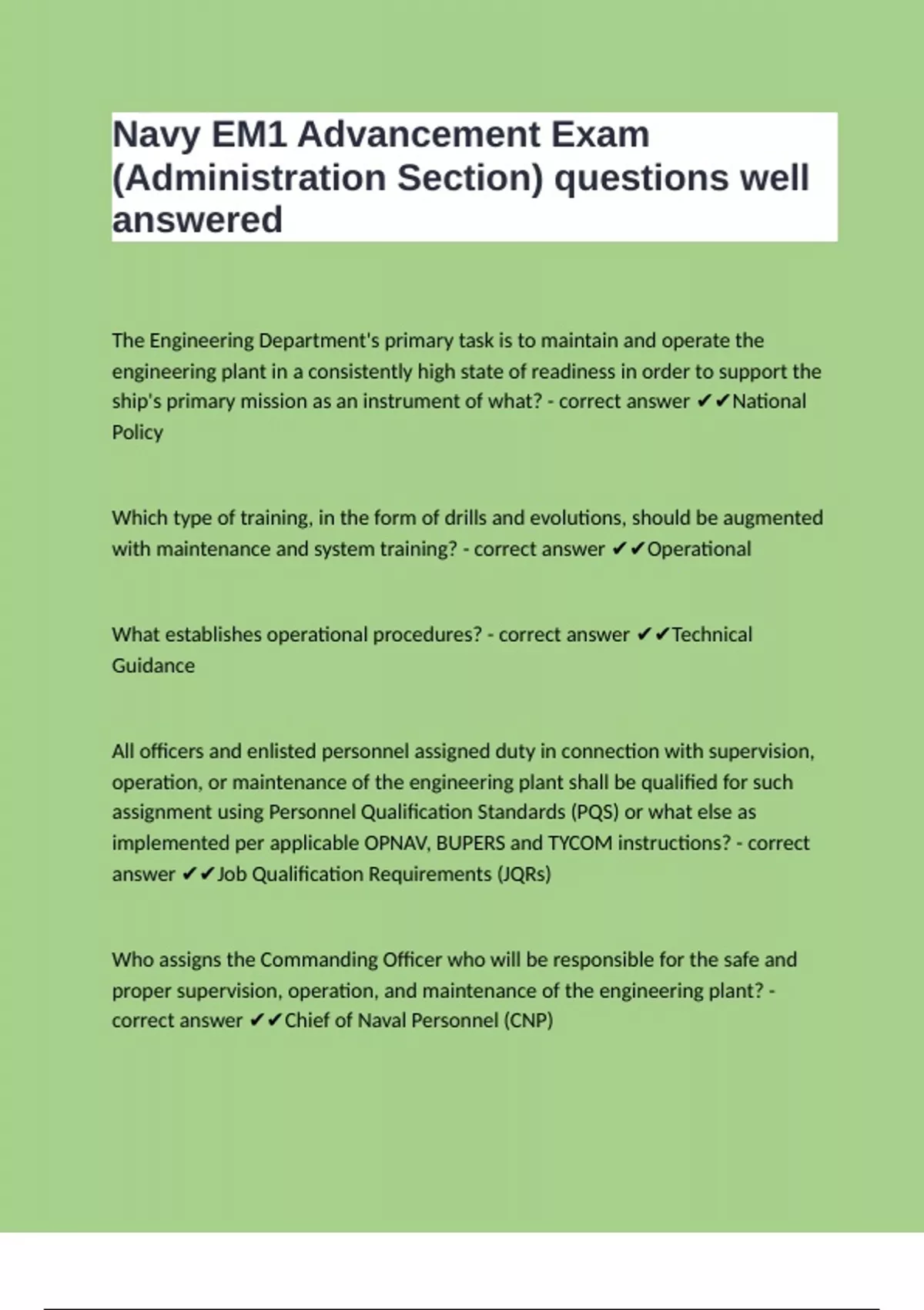 Navy EM1 Advancement Exam (Administration Section) questions well ...