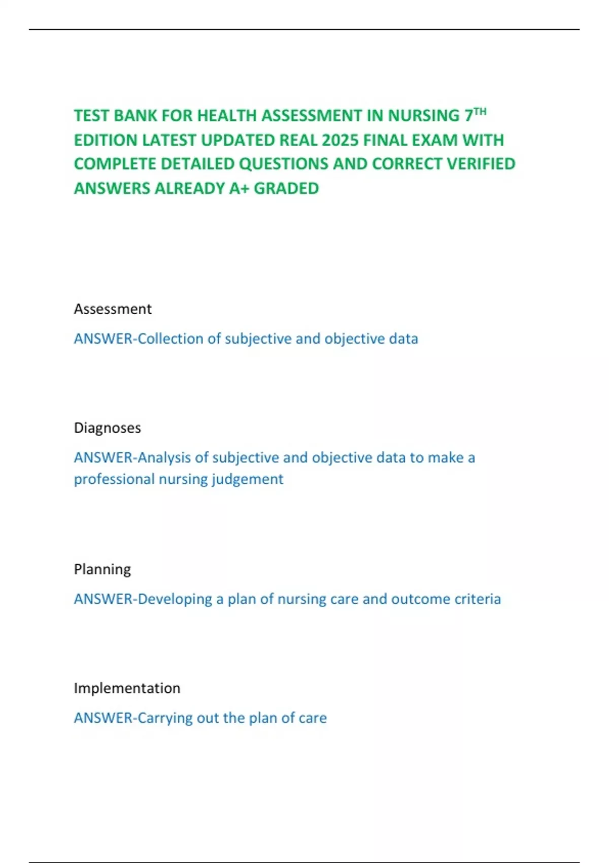 TEST BANK FOR HEALTH ASSESSMENT IN NURSING 7TH EDITION LATEST UPDATED ...