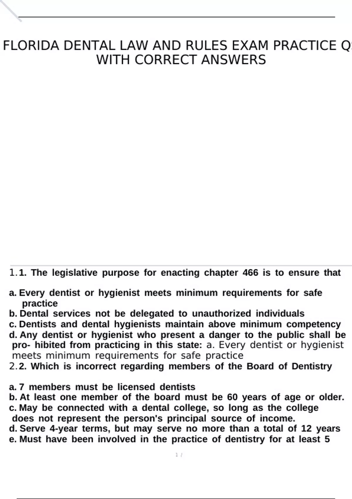 Florida Dental Law and Rules Exam Practice Qs - Florida Dental Law and ...