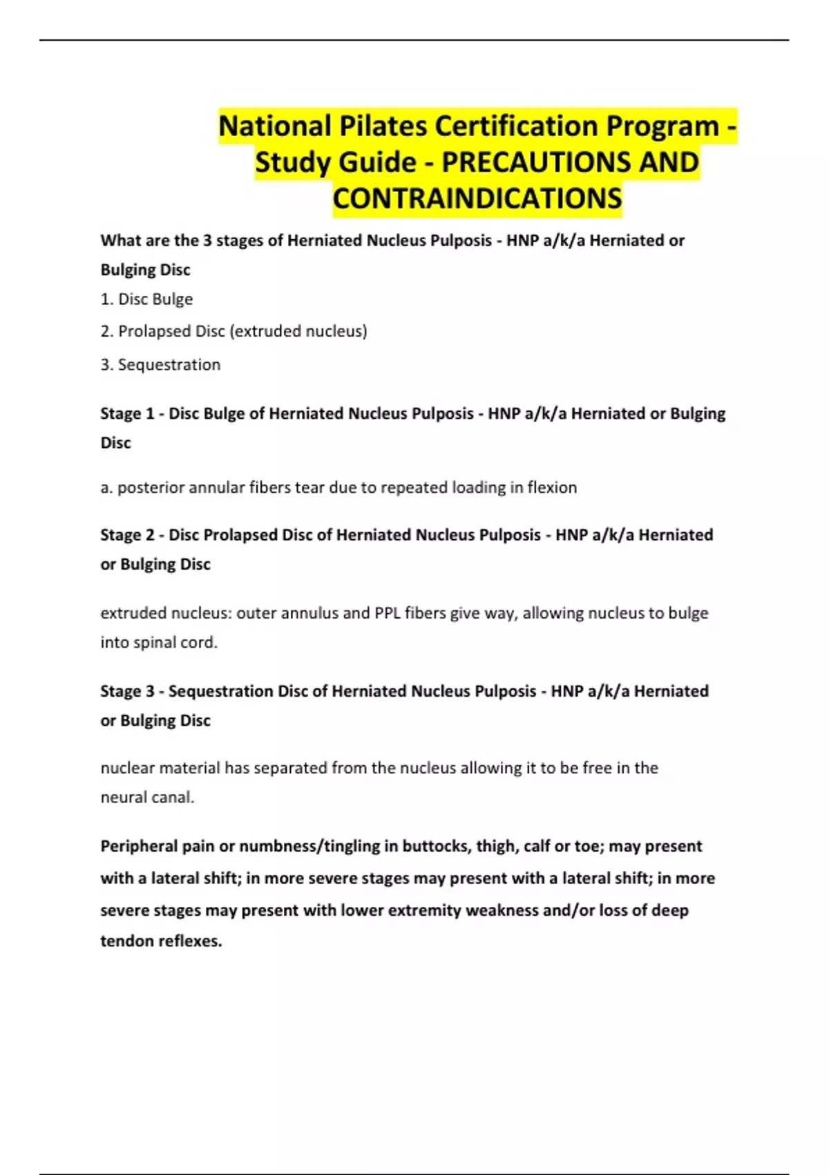 National Pilates Certification Program - Study Guide - PRECAUTIONS AND ...
