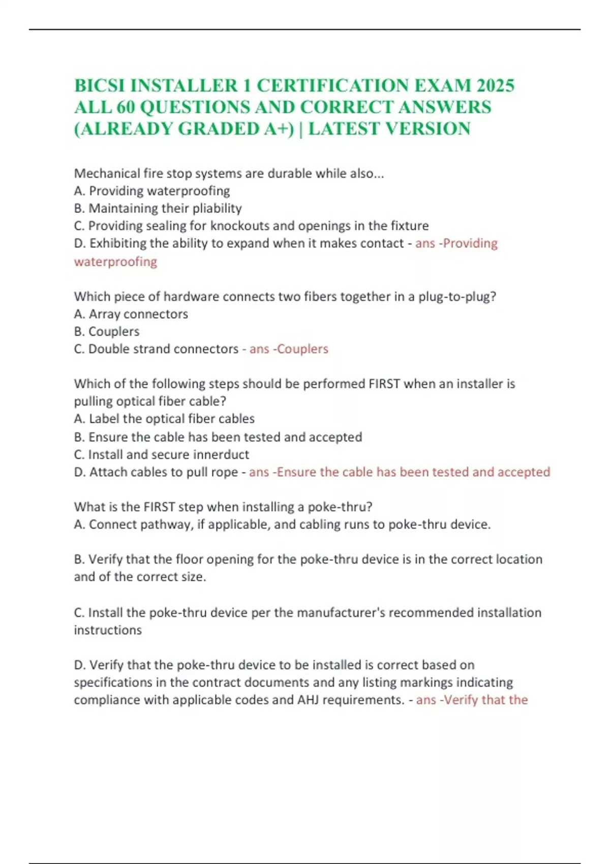 BICSI INSTALLER 1 CERTIFICATION EXAM 2025 ALL 60 QUESTIONS AND CORRECT ...