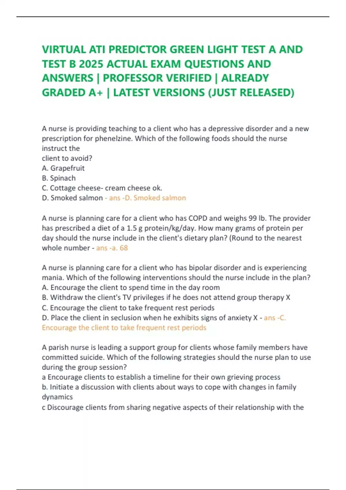 VIRTUAL ATI PREDICTOR GREEN LIGHT TEST A AND TEST B 2025 ACTUAL EXAM ...