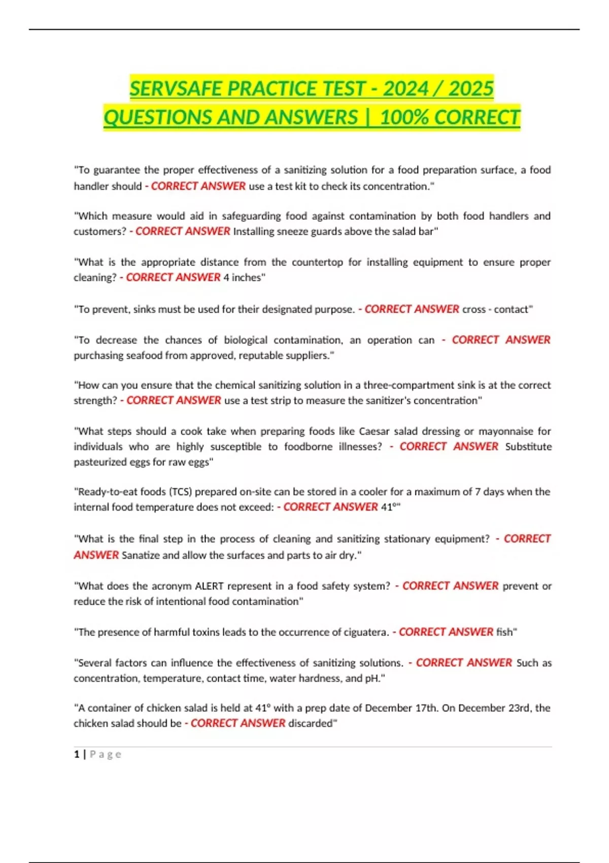 SERVSAFE PRACTICE TEST - 2024 / 2025 QUESTIONS AND ANSWERS | 100% ...
