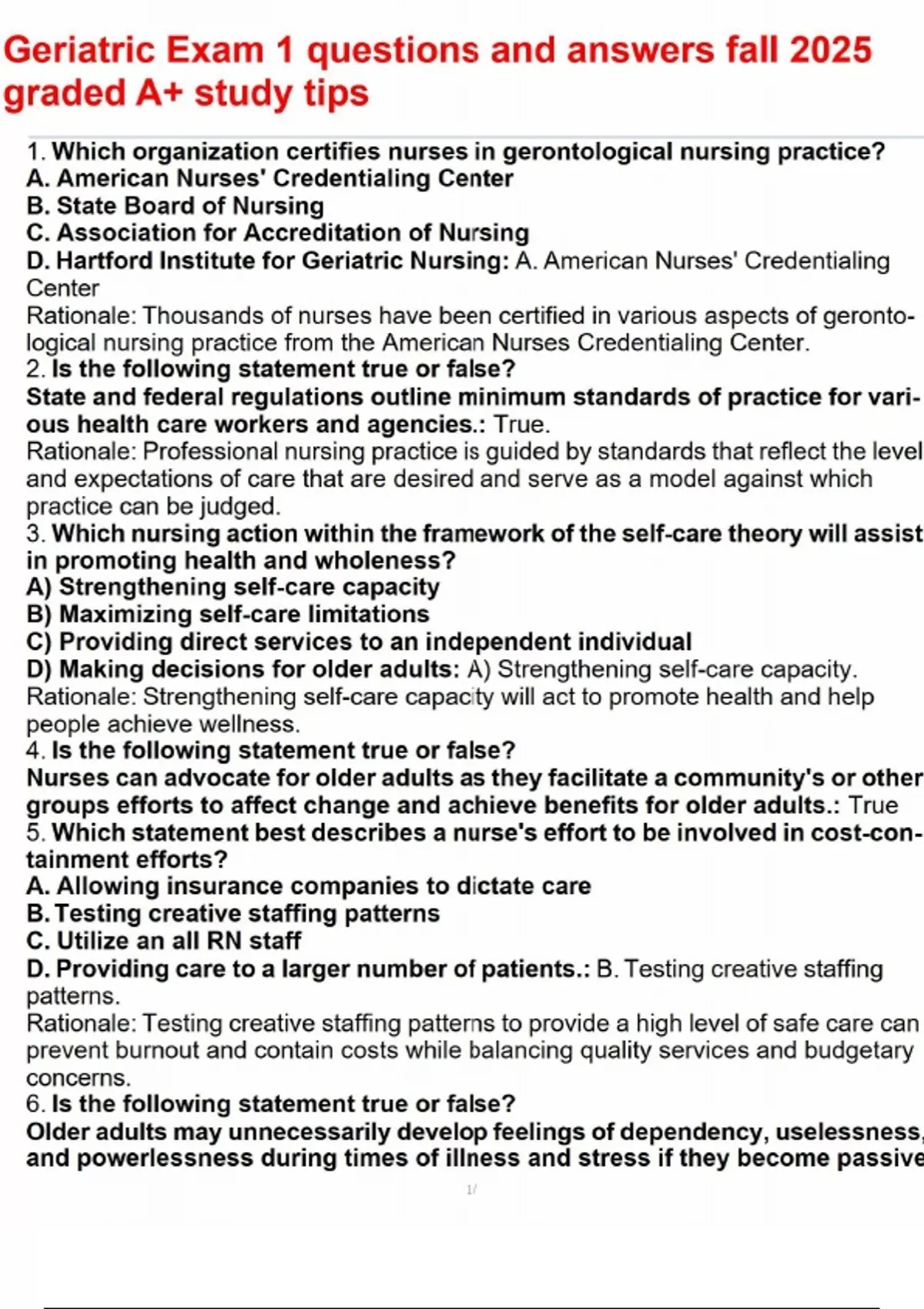Geriatric Exam 1 questions and answers fall 2025 graded A+ study tips ...