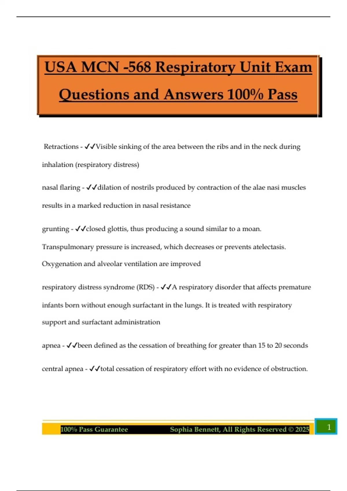 USA MCN -568 Respiratory Unit Exam Questions and Answers 100% Pass - MCN 568 - Stuvia US