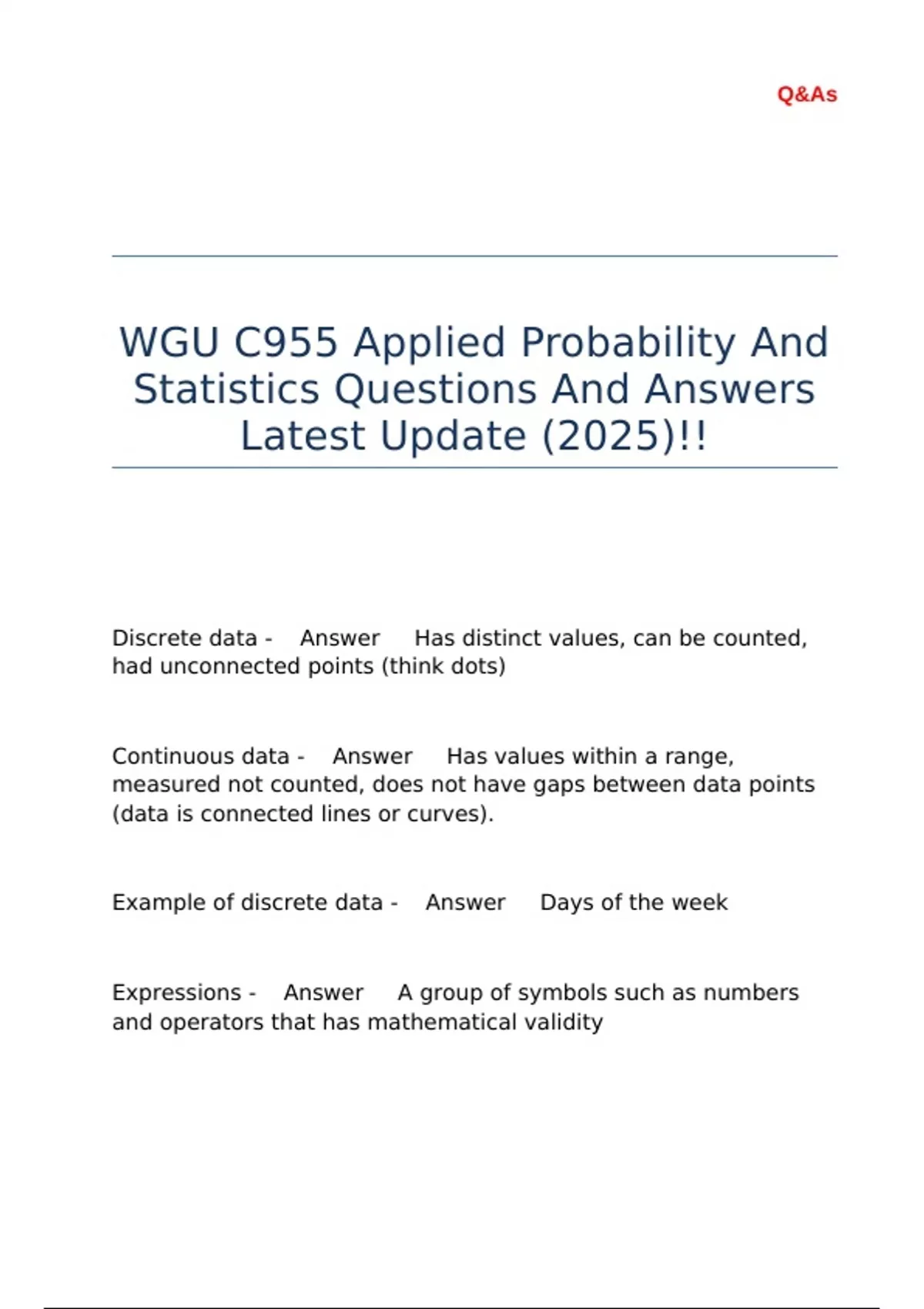 WGU C955 Applied Probability And Statistics Questions And Answers ...