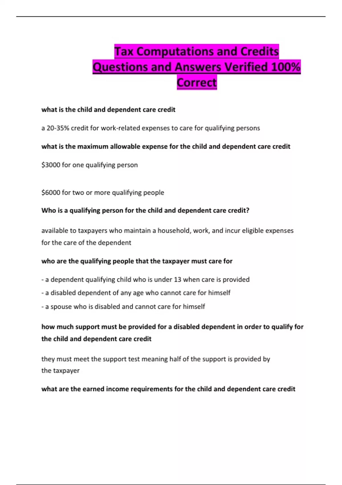 Tax Computations and Credits Questions and Answers Verified 100% ...