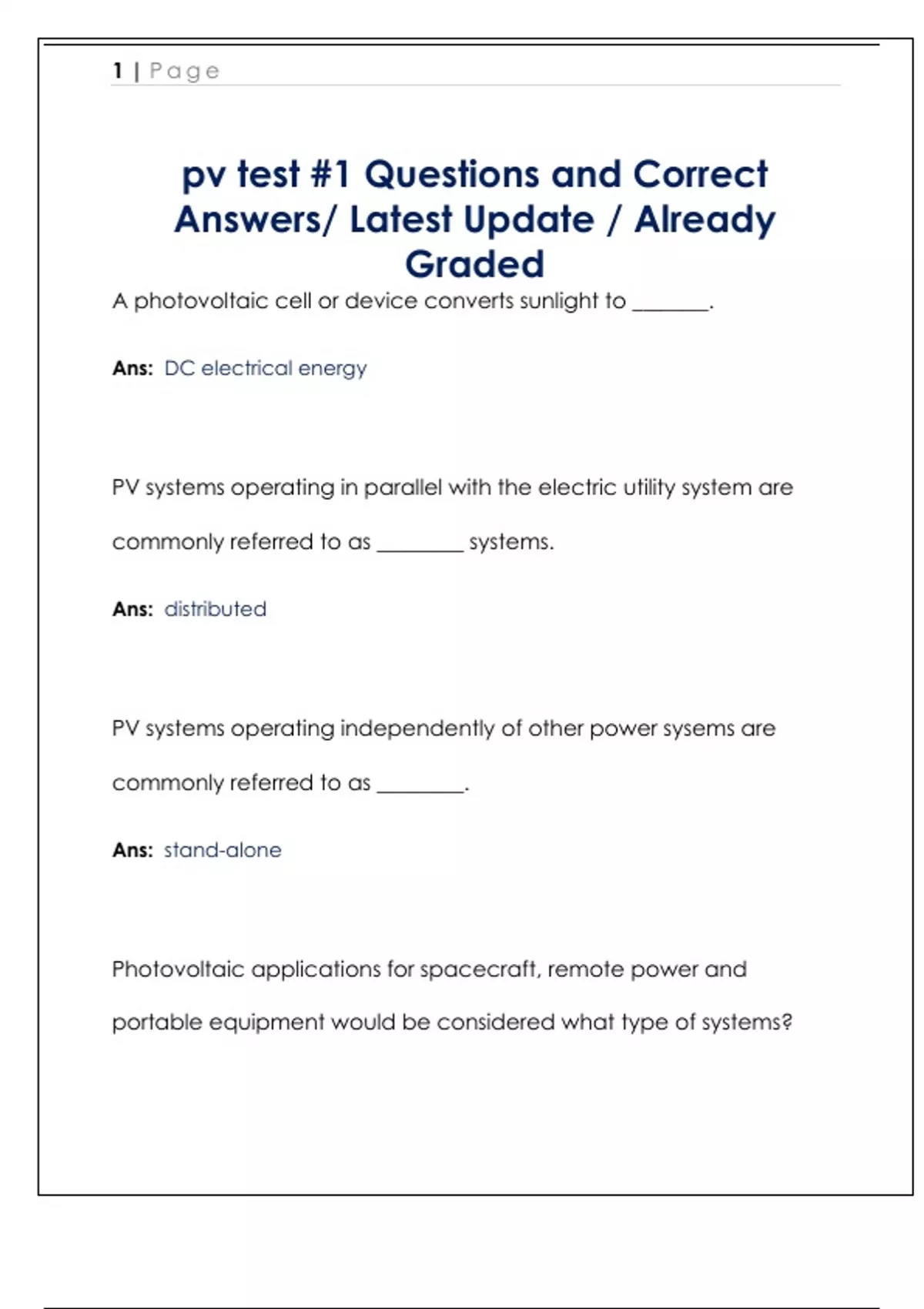 pv test #1 Questions and Correct Answers/ Latest Update / Already ...