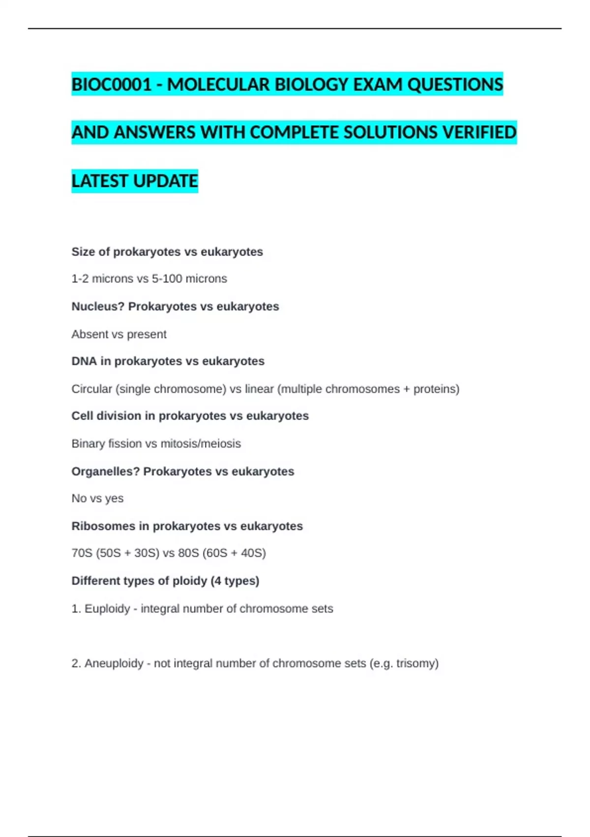 BIOC0001 - MOLECULAR BIOLOGY EXAM QUESTIONS AND ANSWERS WITH COMPLETE ...
