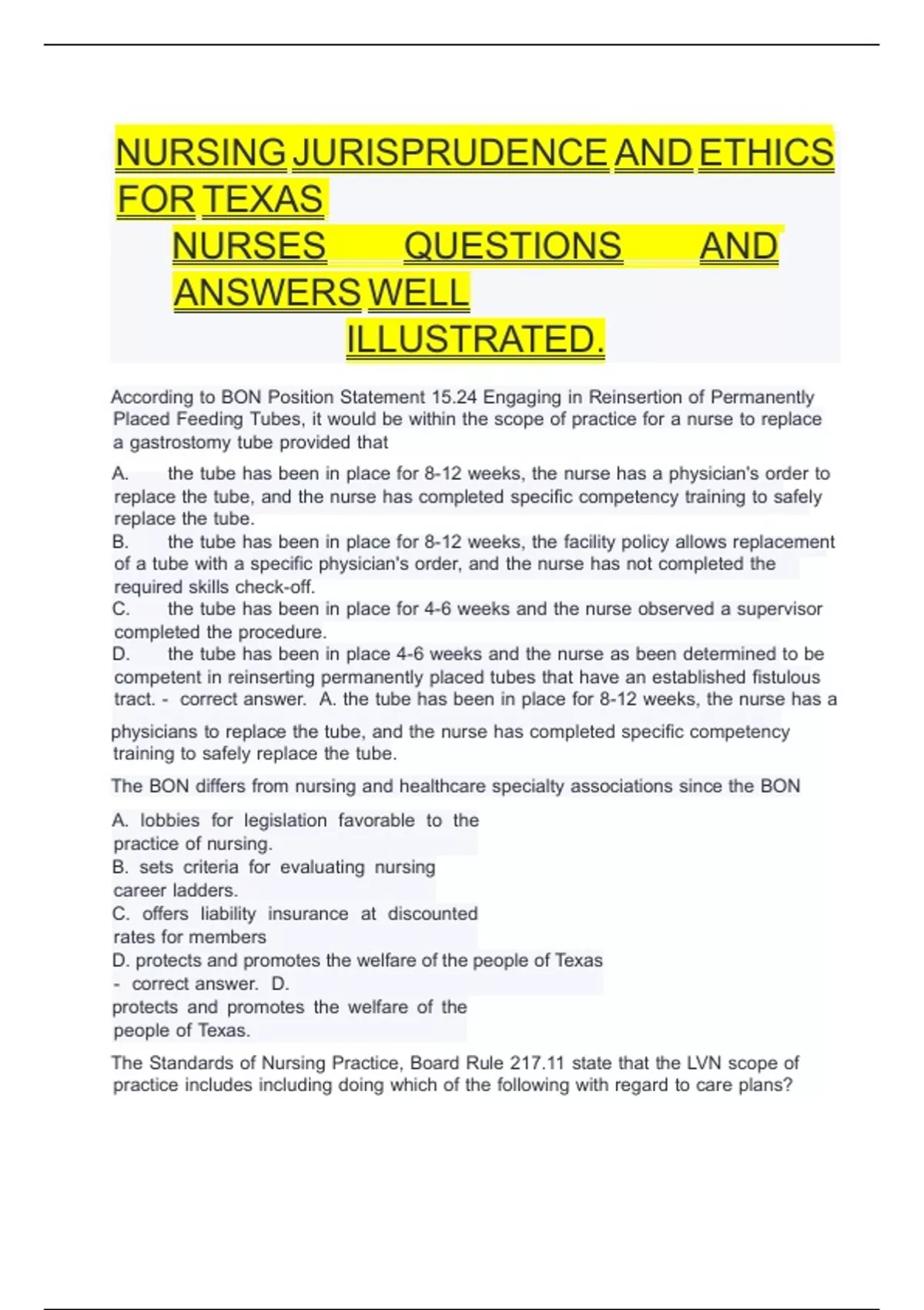 Nursing Jurisprudence and Ethics for Texas Nurses questions and answers ...