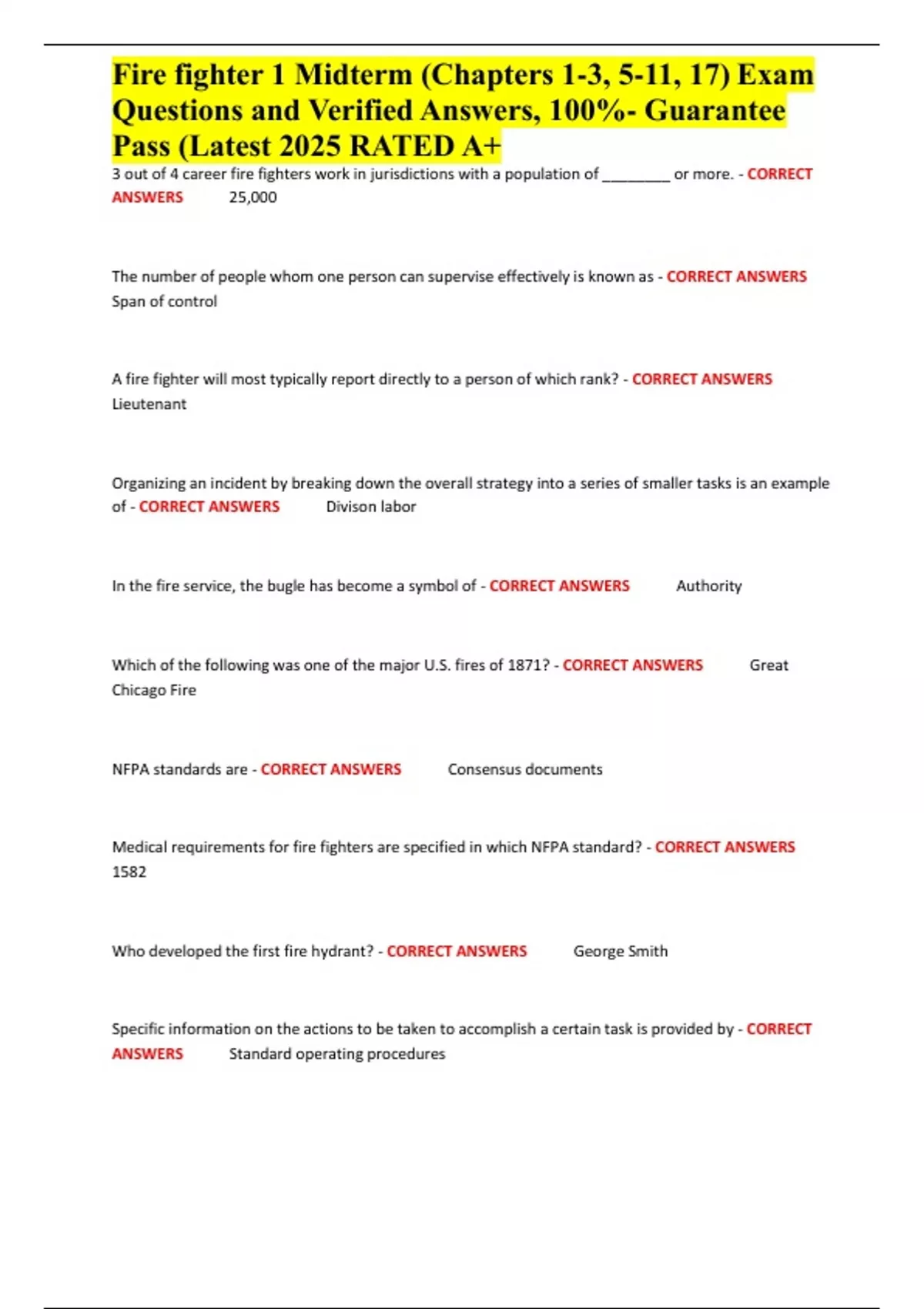 Fire fighter 1 Midterm (Chapters 1-3, 5-11, 17) Exam Questions and ...