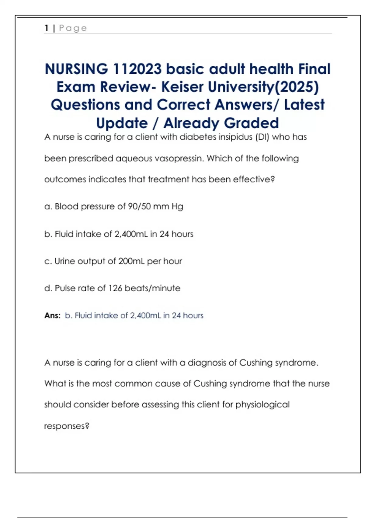 NURSING 112023 basic adult health Final Exam Review- Keiser University ...