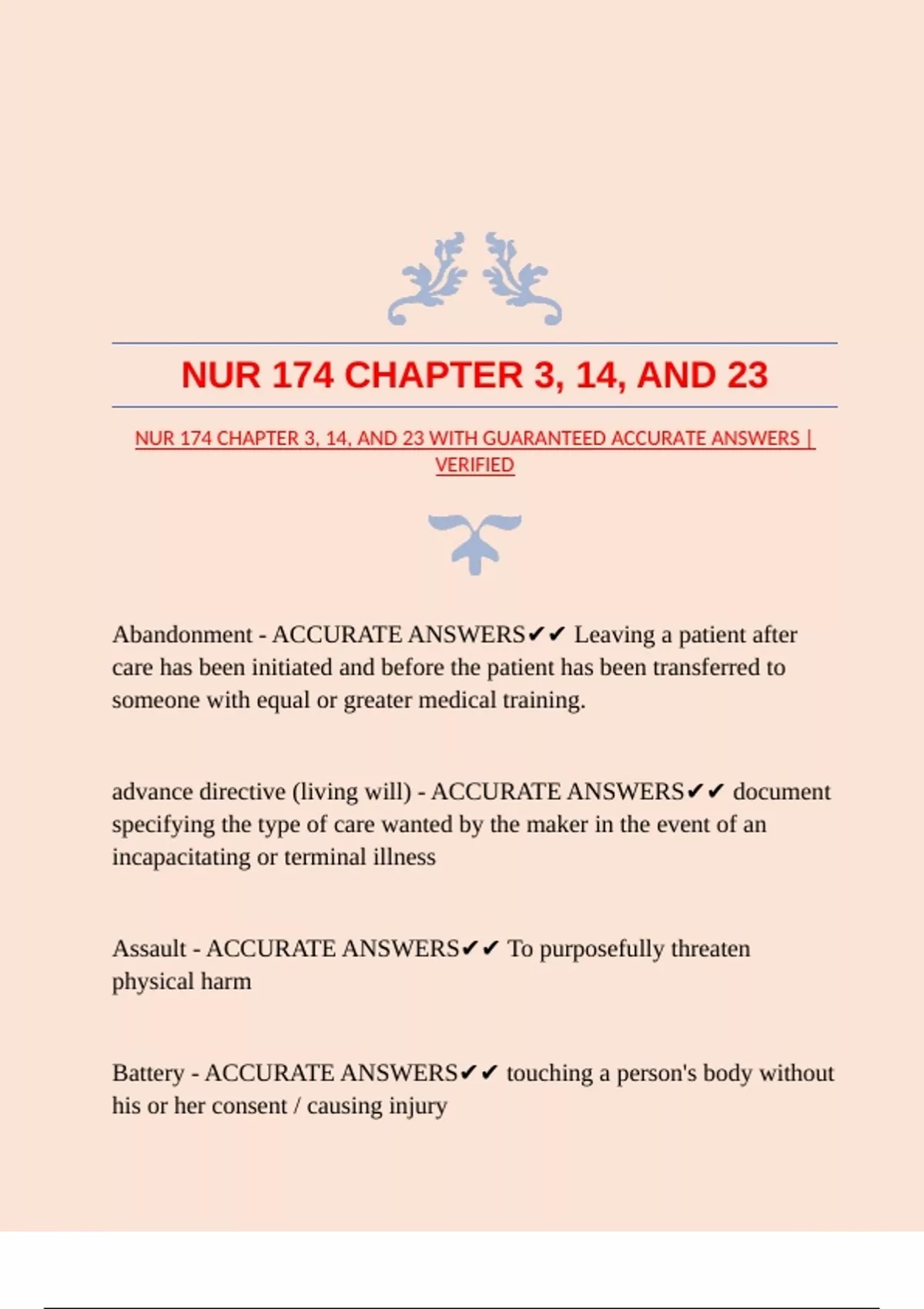 NUR 174 CHAPTER 3, 14, AND 23 WITH GUARANTEED ACCURATE ANSWERS |VERIFIED - NUR 174 CHAPTER 3, 14 ...