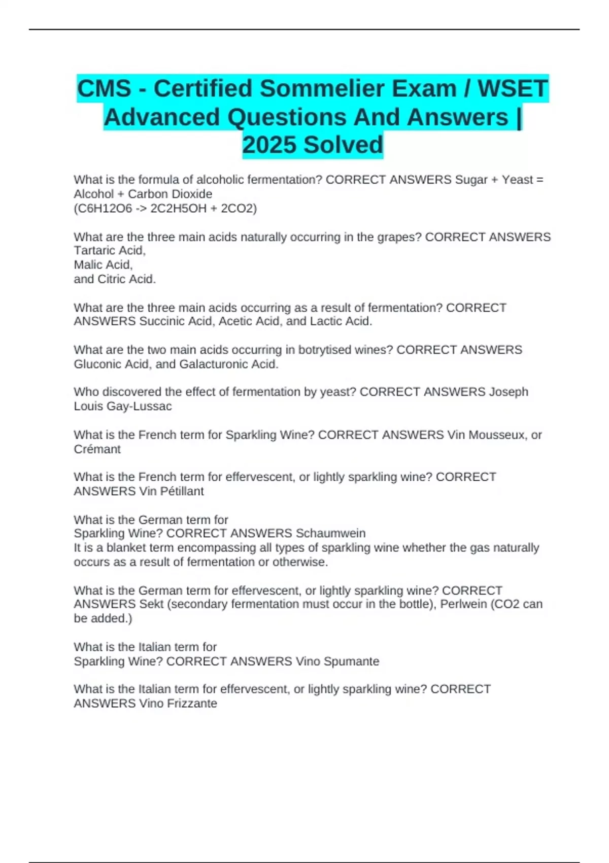 CMS - Certified Sommelier Exam / WSET Advanced Questions And Answers ...