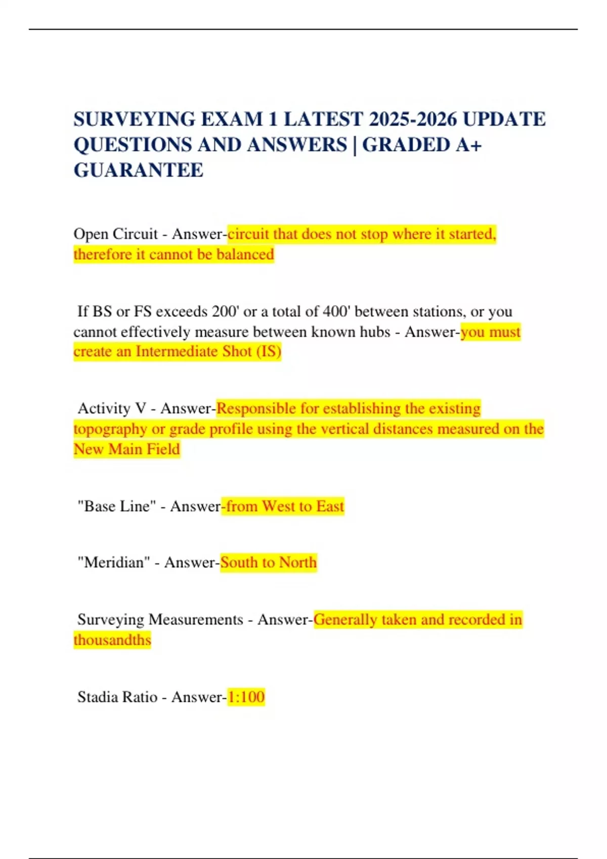 SURVEYING EXAM 1 LATEST UPDATE QUESTIONS AND ANSWERS | GRADED A+ ...