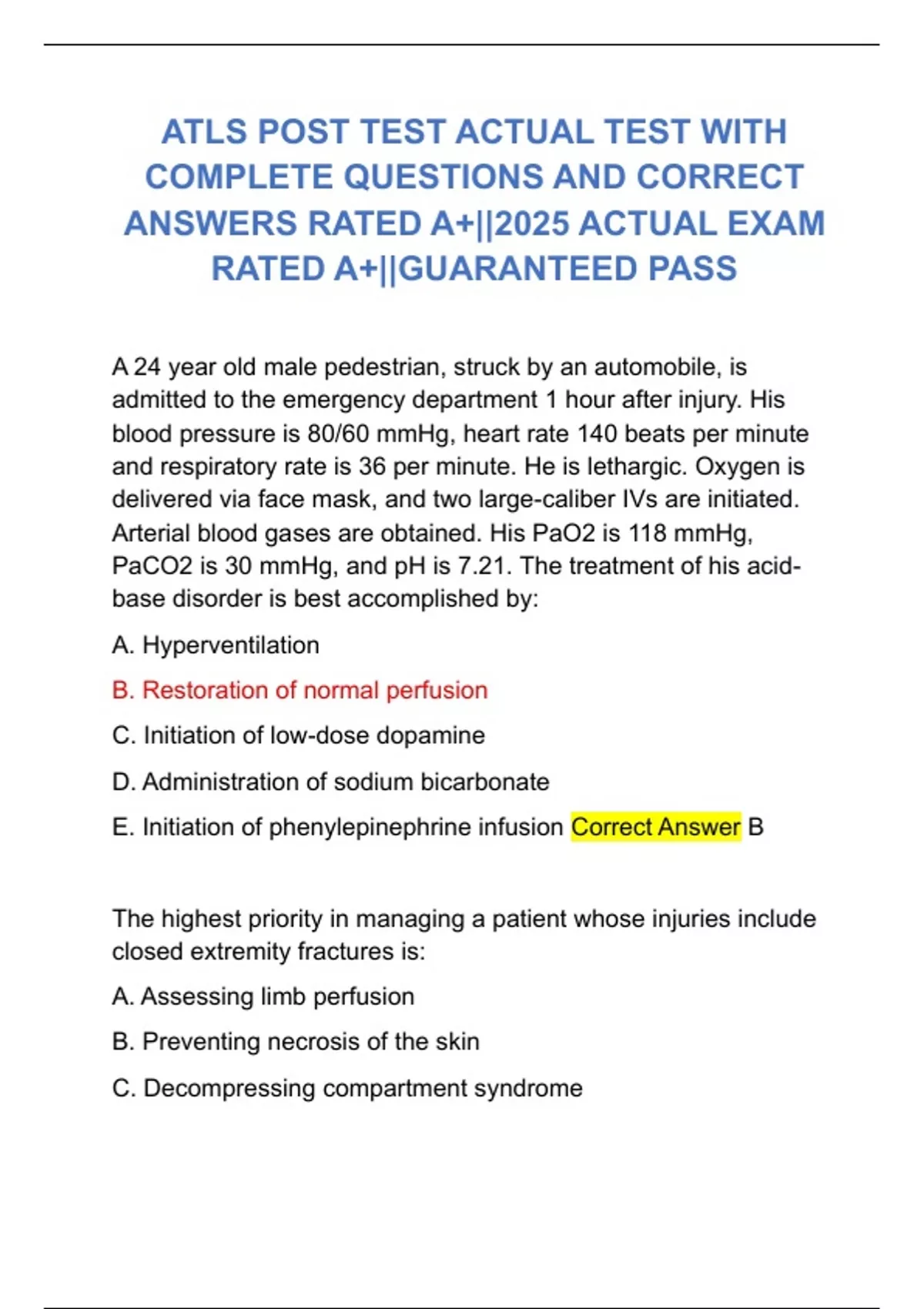 ATLS POST TEST ACTUAL TEST WITH COMPLETE QUESTIONS AND CORRECT ANSWERS ...