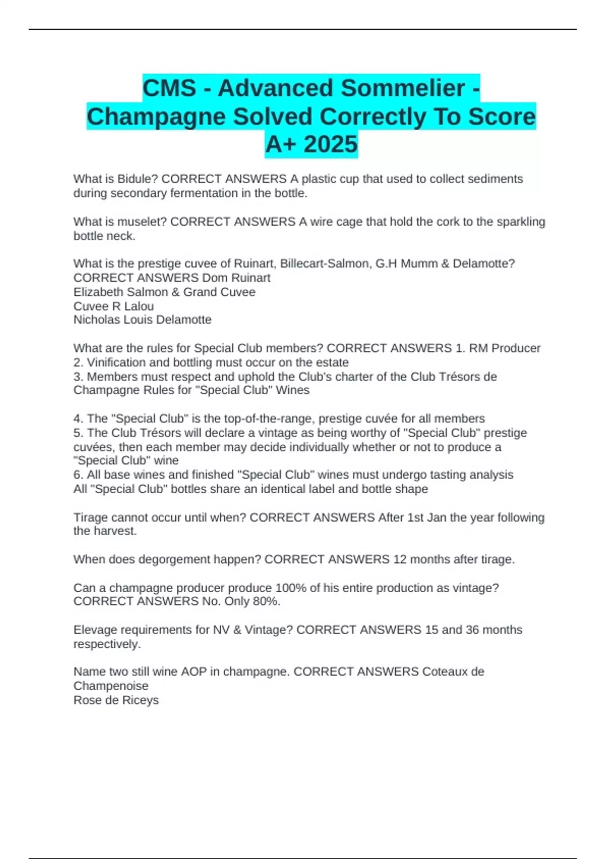 CMS - Advanced Sommelier - Champagne Solved Correctly To Score A+ 2025 ...