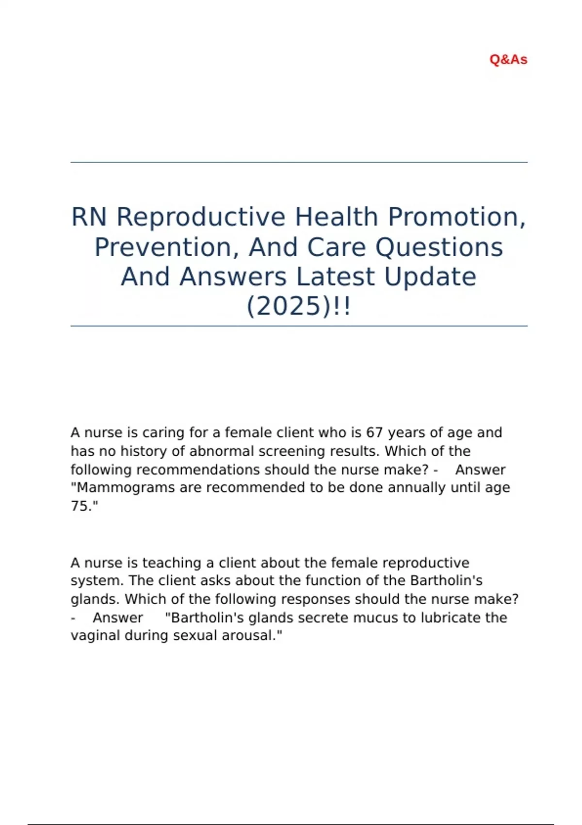 RN Reproductive Health Promotion, Prevention, And Care Questions And ...