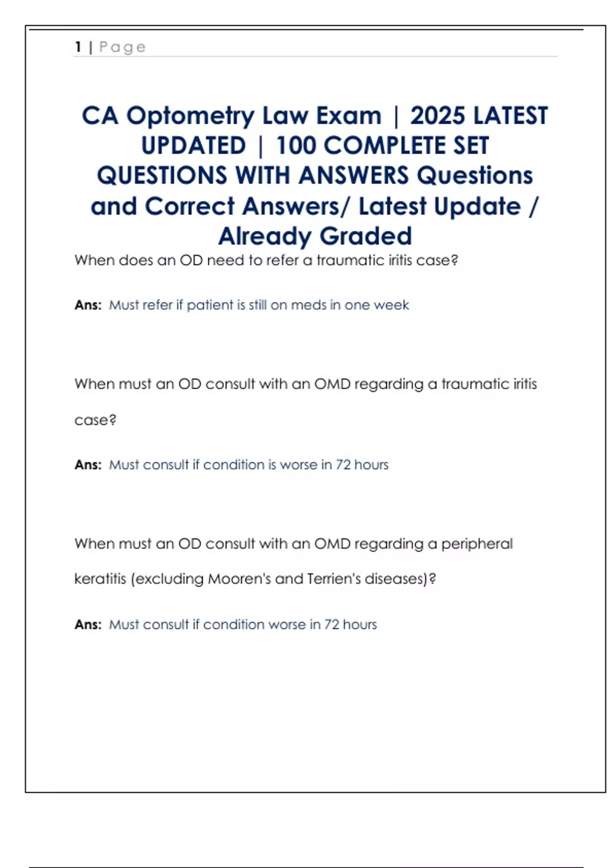 CA Optometry Law Exam | 2025 LATEST UPDATED | 100 COMPLETE SET ...