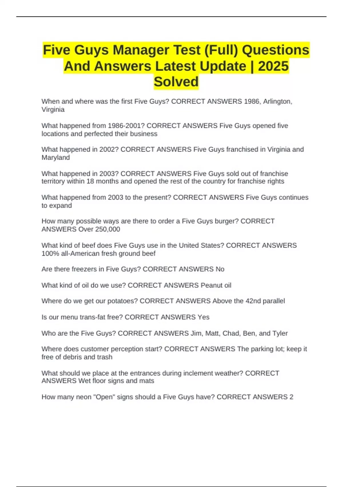 Five Guys Manager Test (Full) Questions And Answers Latest Update ...