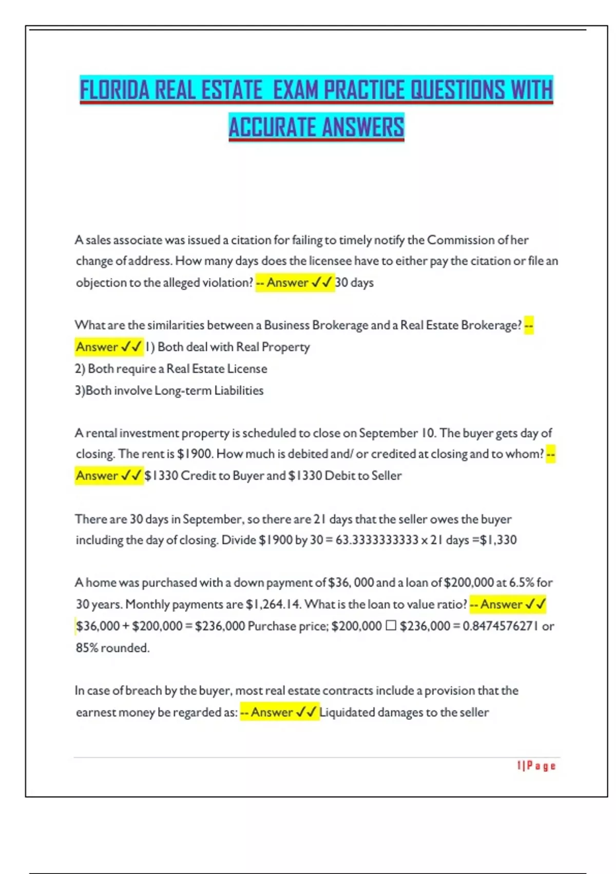 FLORIDA REAL ESTATE EXAM PRACTICE QUESTIONS WITH ACCURATE ANSWERS ...