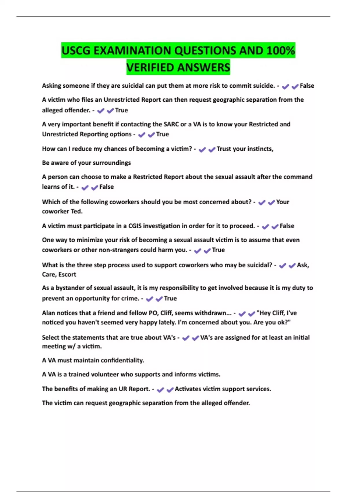 USCG EXAMINATION QUESTIONS AND 100% VERIFIED ANSWERS - USCG - Stuvia US