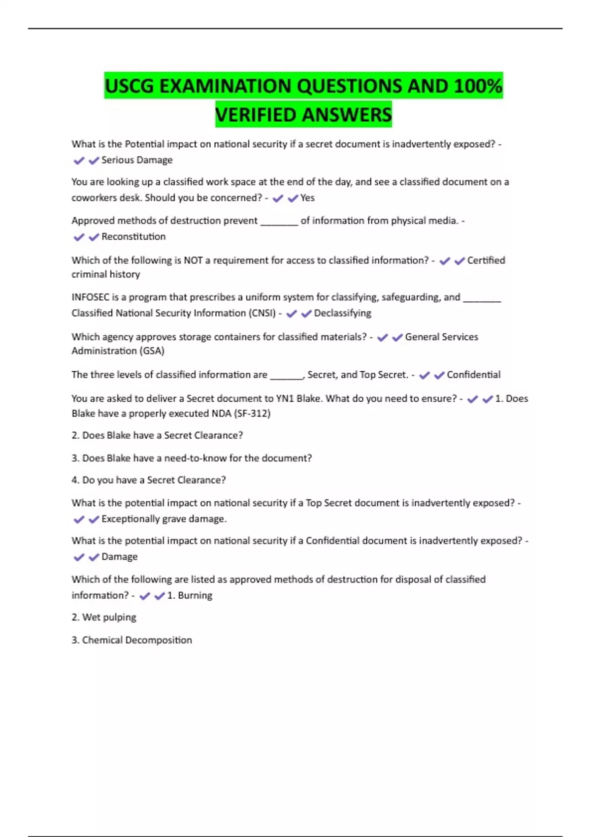 USCG EXAMINATION QUESTIONS AND 100% VERIFIED ANSWERS - USCG - Stuvia US