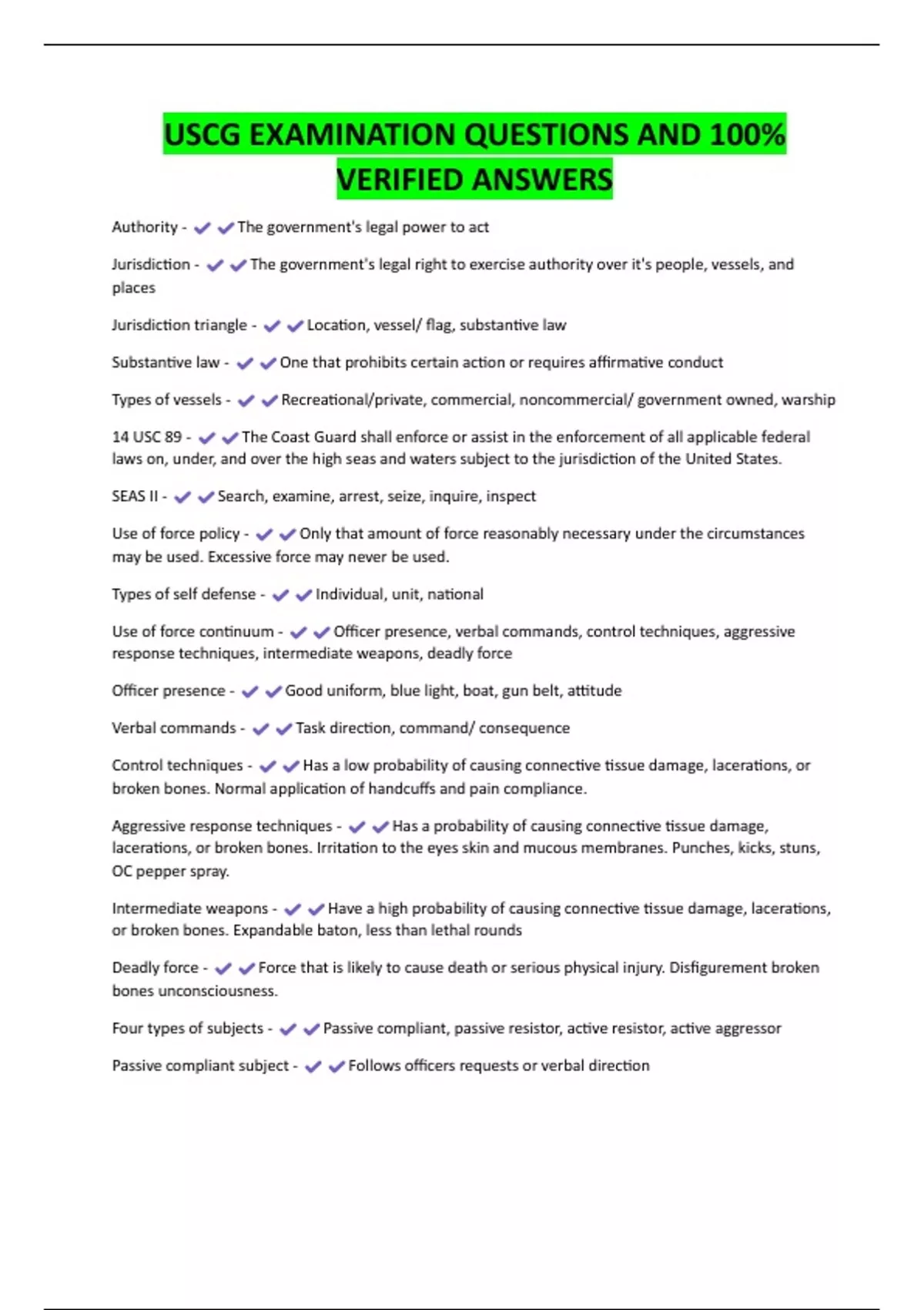 USCG EXAMINATION QUESTIONS AND 100% VERIFIED ANSWERS - USCG - Stuvia US