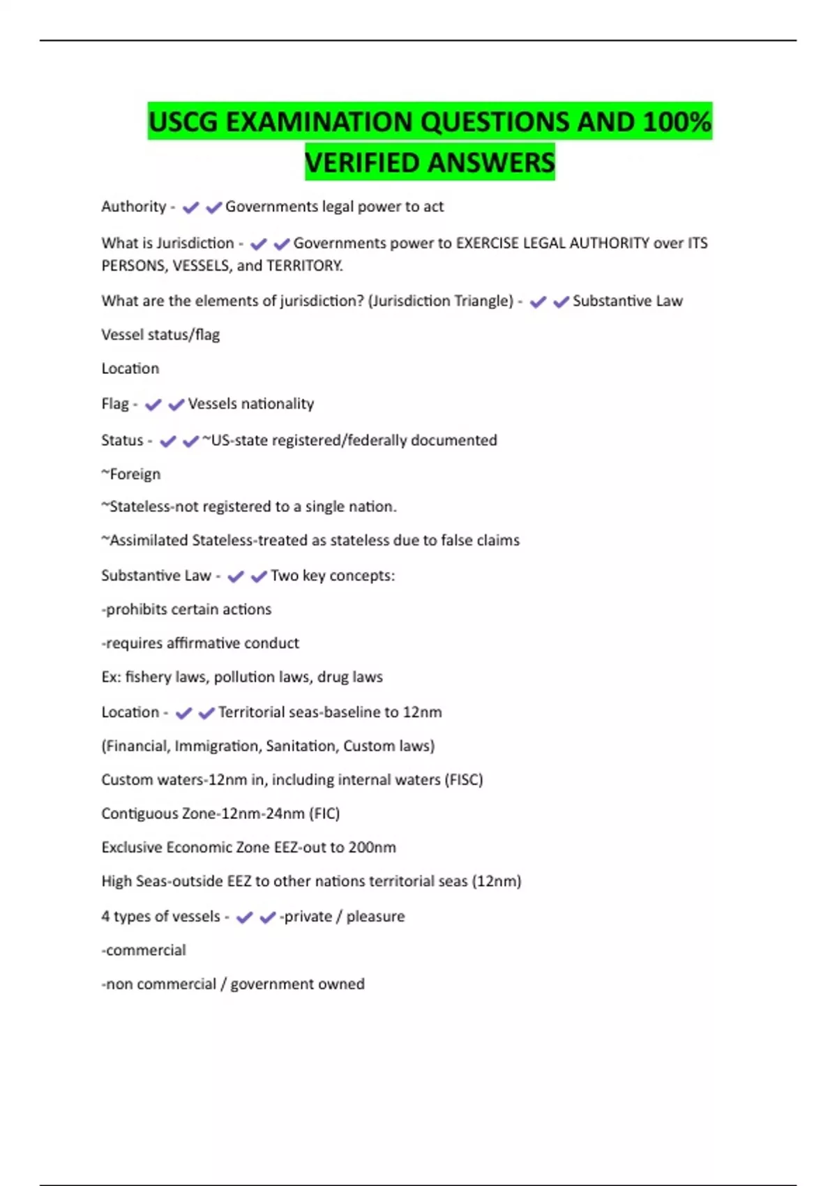 USCG EXAMINATION QUESTIONS AND 100% VERIFIED ANSWERS - USCG - Stuvia US