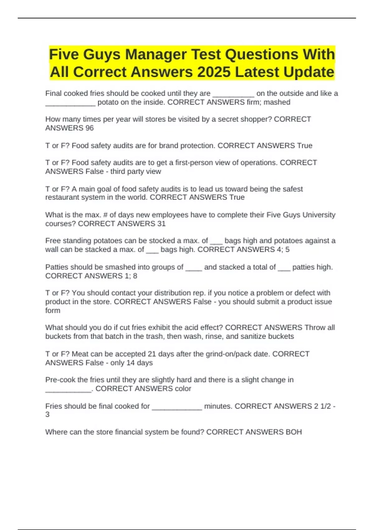 Five Guys Manager Test Questions With All Correct Answers 2025 Latest ...