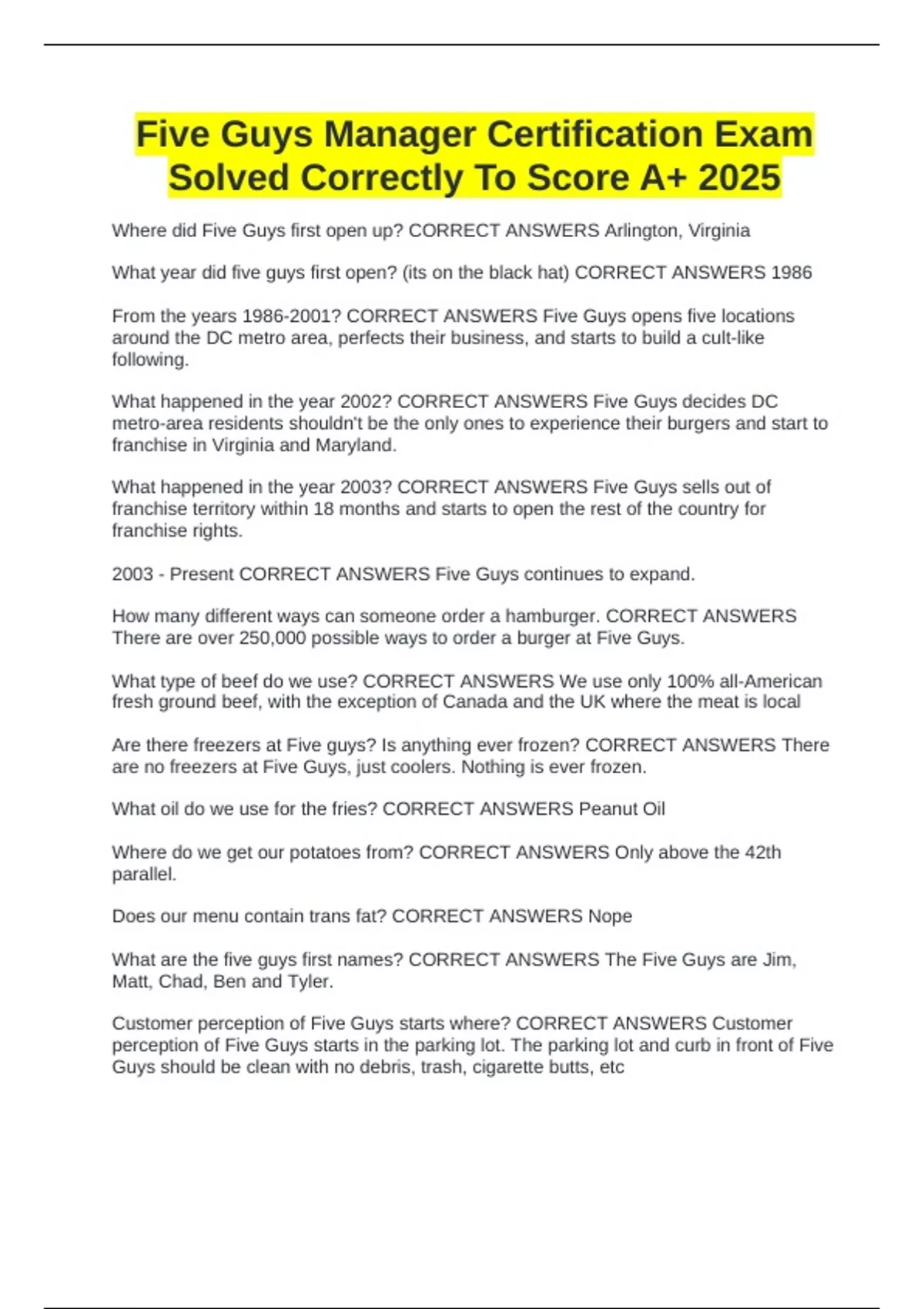 Five Guys Manager Certification Exam Solved Correctly To Score A+ 2025 ...