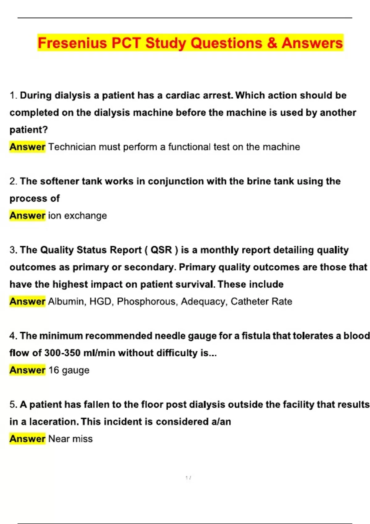 FRESENIUS PCT BUNDLED EXAM 2025 Fresenius PCT Final Actual Exam ...