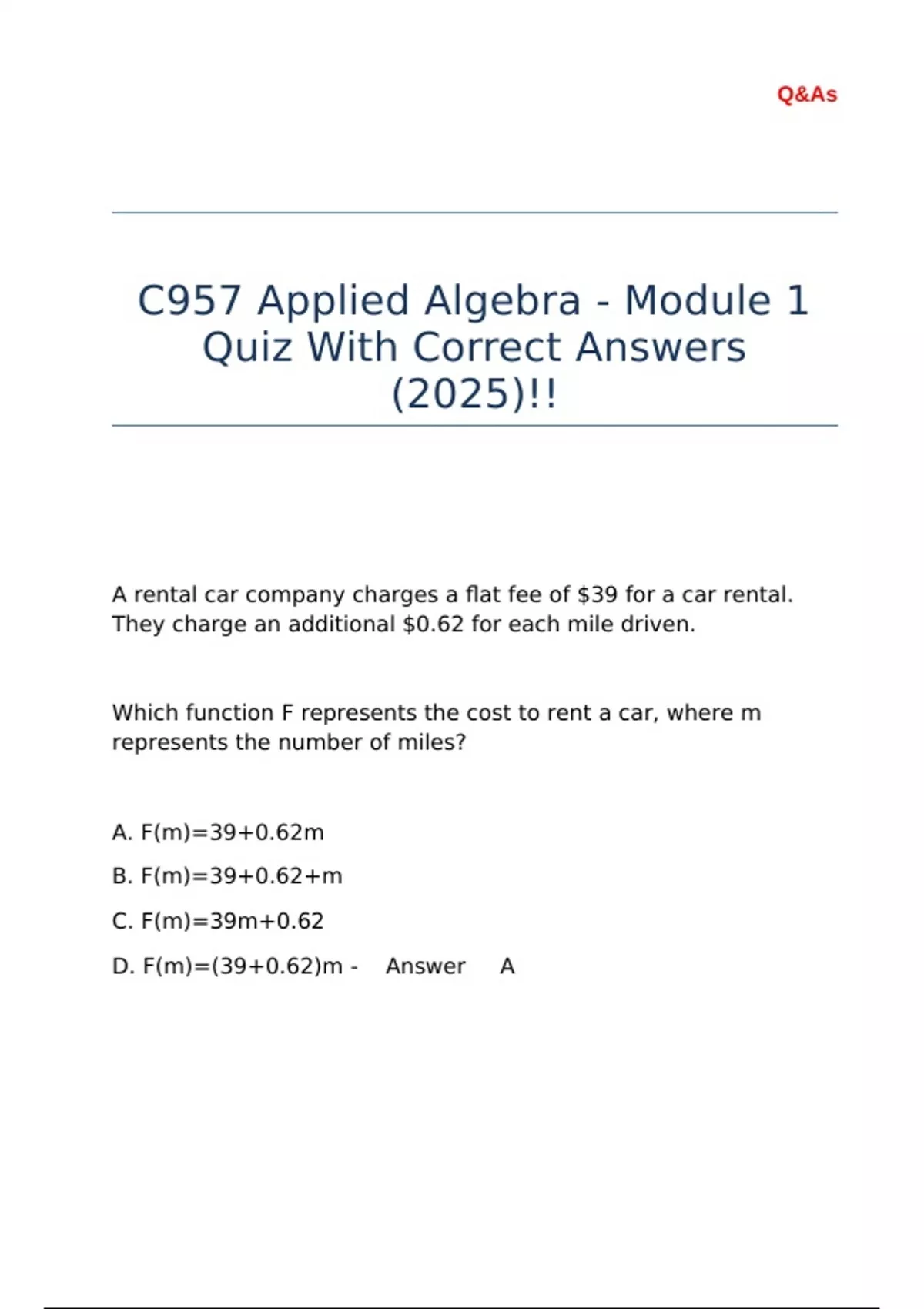 C957 Applied Algebra - Module 1 Quiz With Correct Answers (2025)!! - C957 - Stuvia US